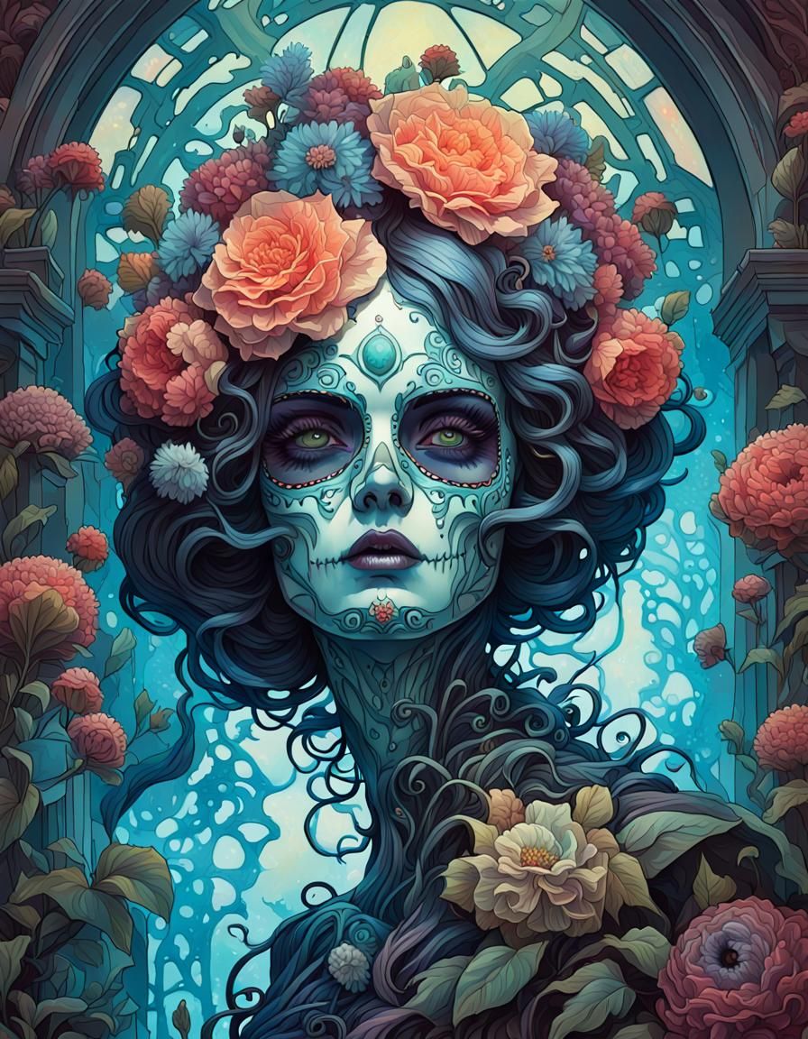 pychedelic insane portrait of a cursed ghost beauty in a creepy garden ...