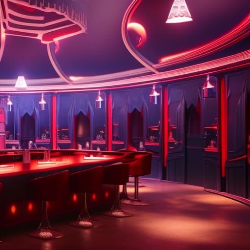 A elegant café with dim lighting and the galaxy as for the ceiling. Low ...