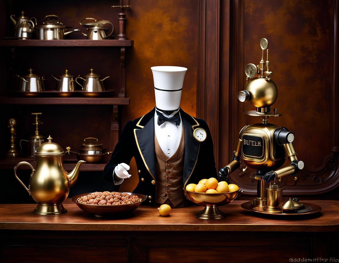 figurative butler robot;steam-driven working figurative butler automata ...