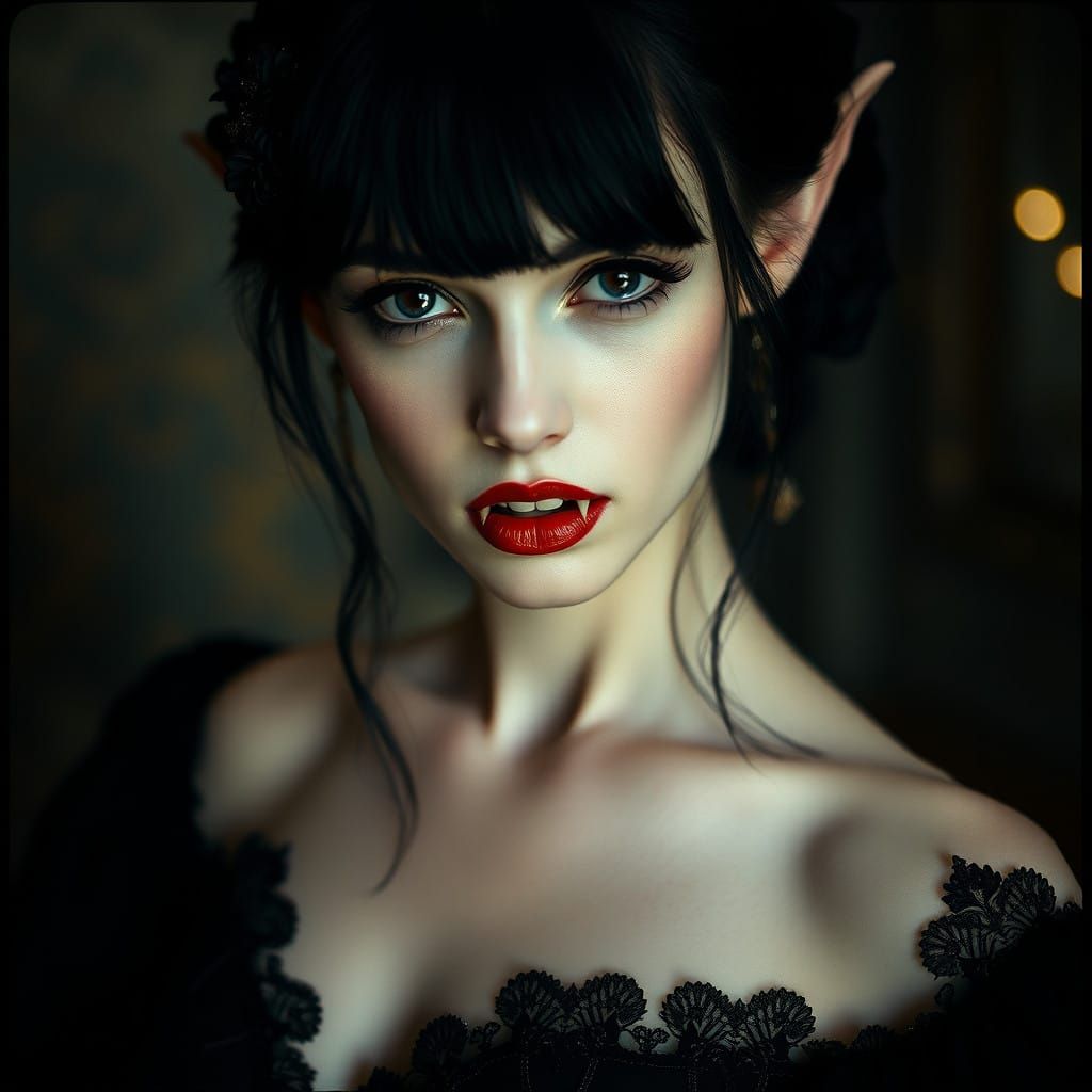 Seductive Victorian Vampire Elf Revealed in Cinema... - AI Art