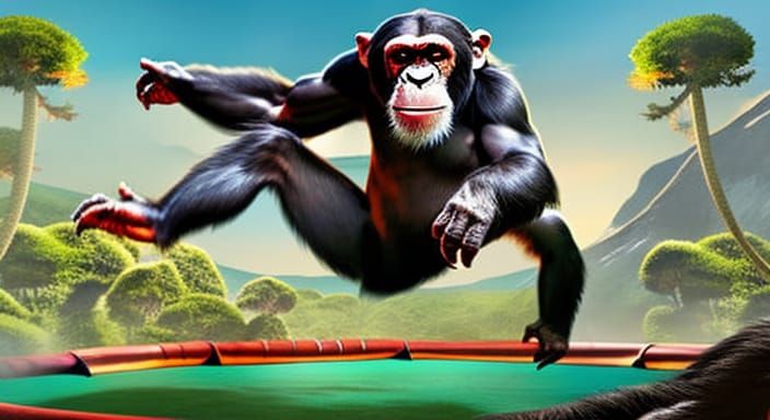 Chimpanzee jump on a trampoline Hyperrealistic, splash art, concept art ...