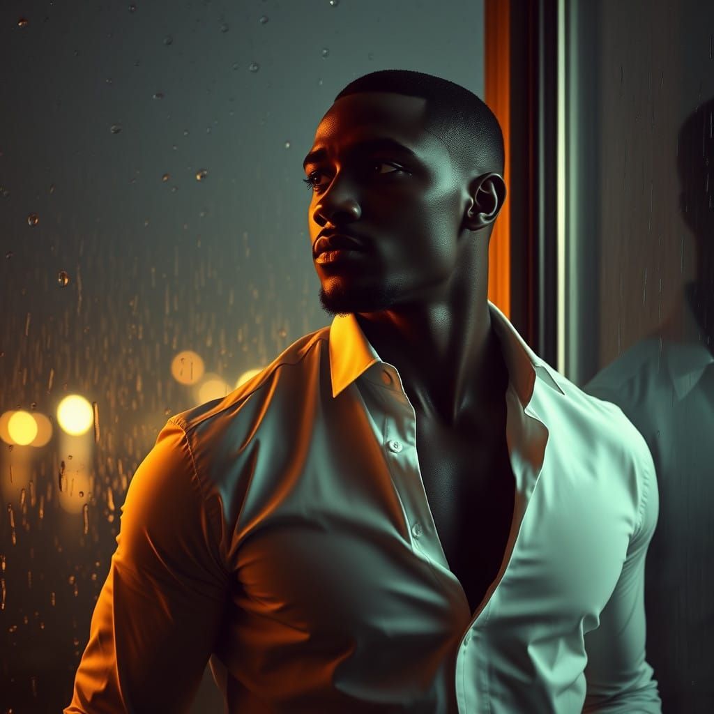 A handsome black man with chiseled features and a strong physique, clad ...