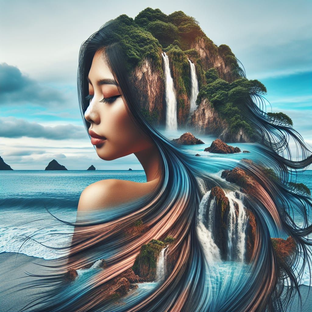 The beautiful girl with waterfalls cascading from her hair long flowing ...