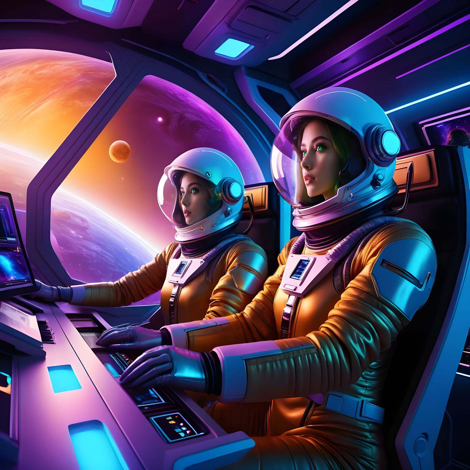 Two Earthlings are talking and flying a spaceship together and one ...