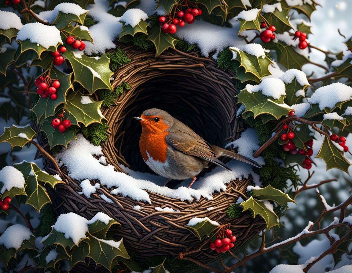 A robin in its nest sheltered from the snow by a holly bush - AI ...