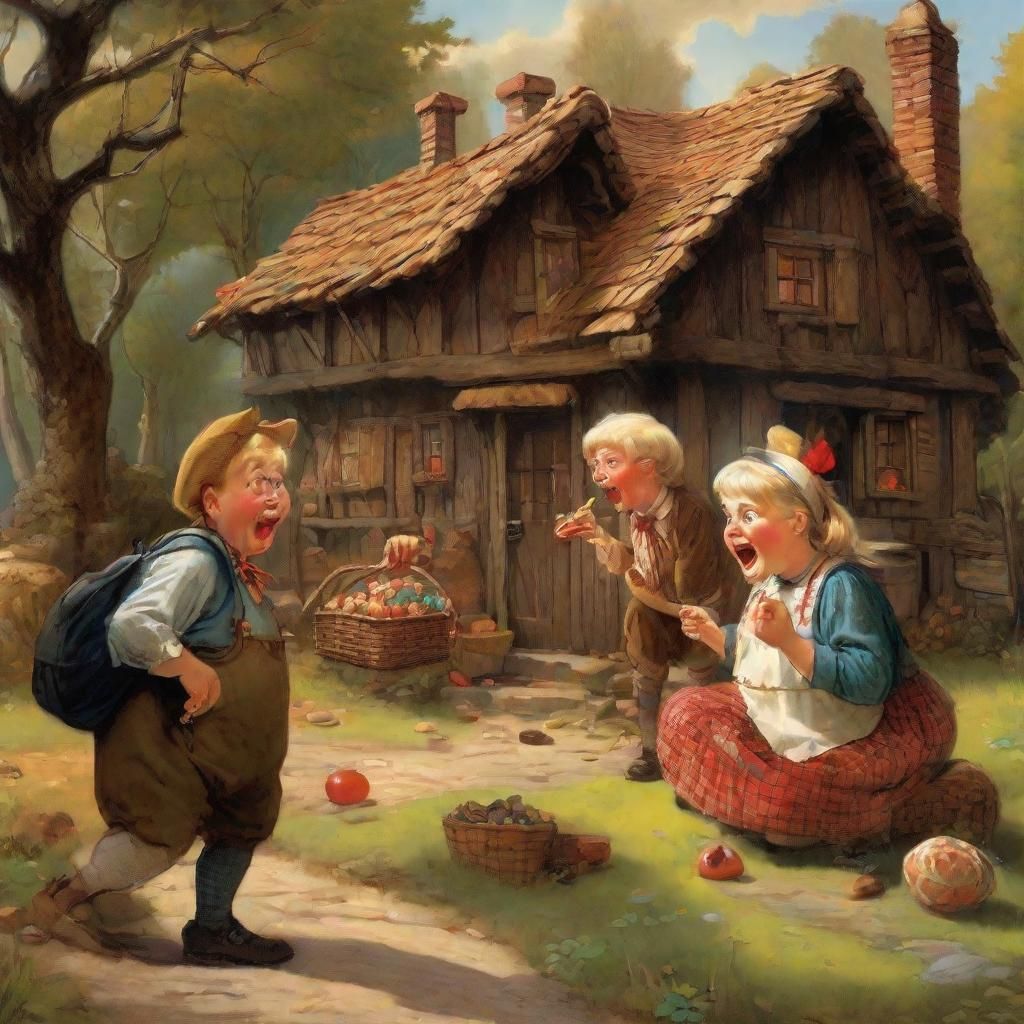 a fat young boy named Hansel eats the sweets from the small Candy ...