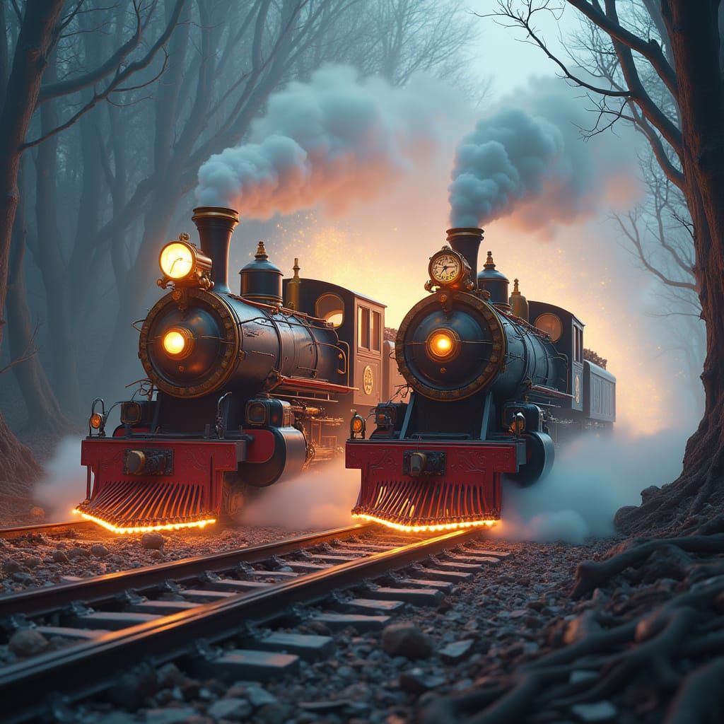 Vintage Steam Trains Collide in Dreamlike Landscap... - AI Art