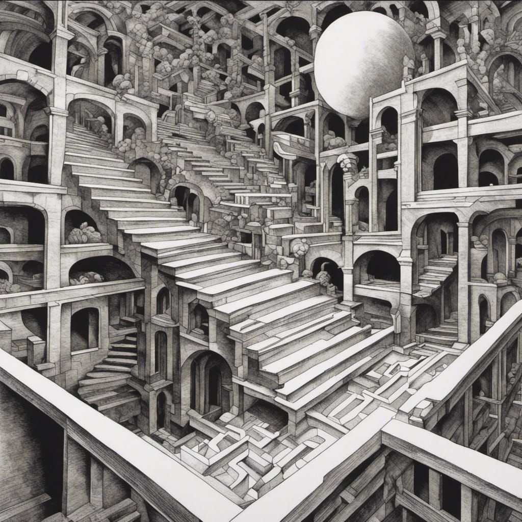 M. C. Escher line drawing, black and white, ink drawing, impossible ...