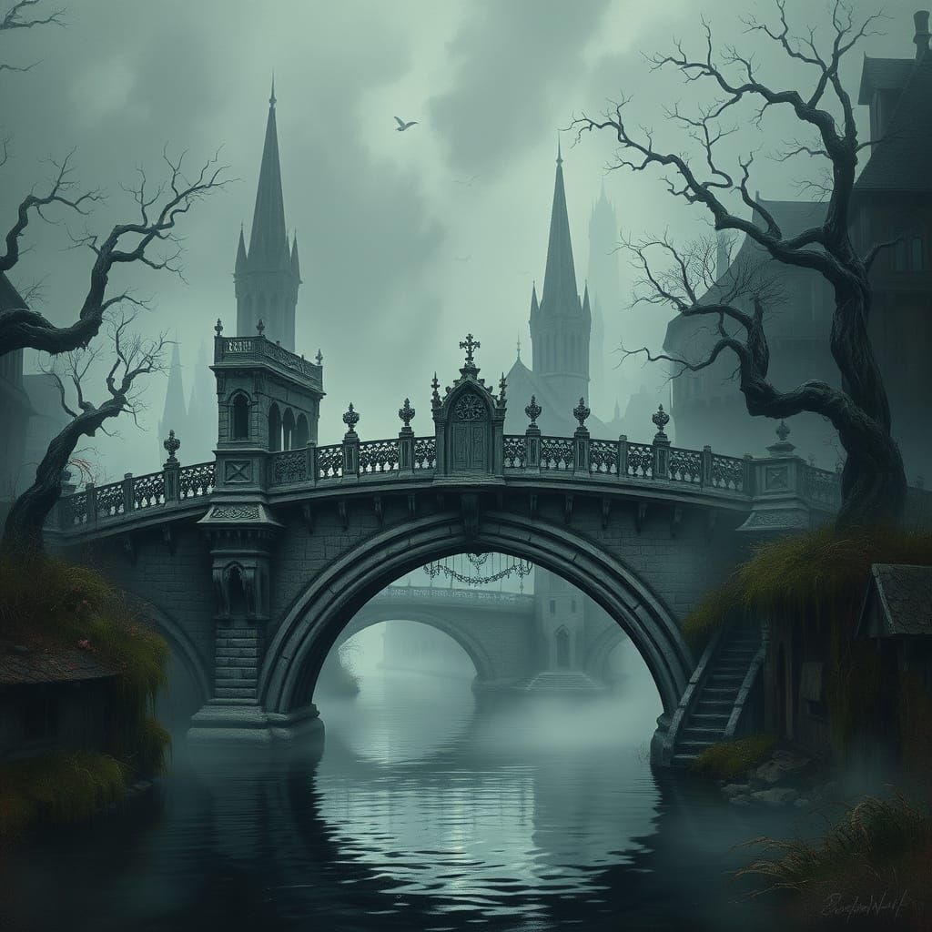 Majestic Gothic Bridge in Eerie Misty Cityscape - AI Art
