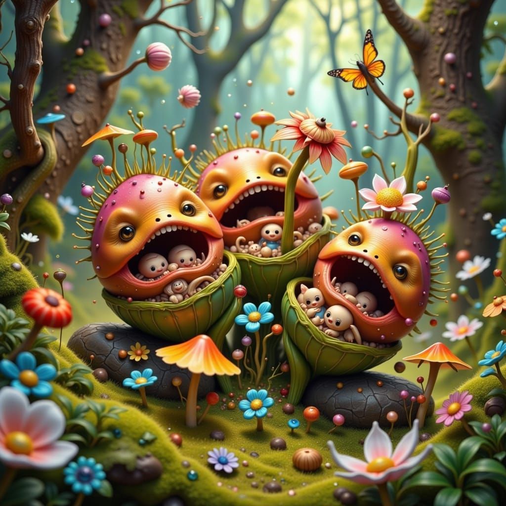 Whimsical Fae Celebrate with Podlings in Lush Orga... - AI Art