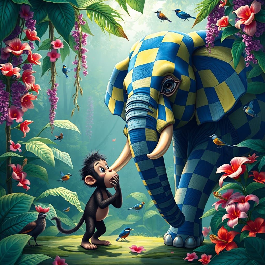 cute monkey meets the checkered elephant
