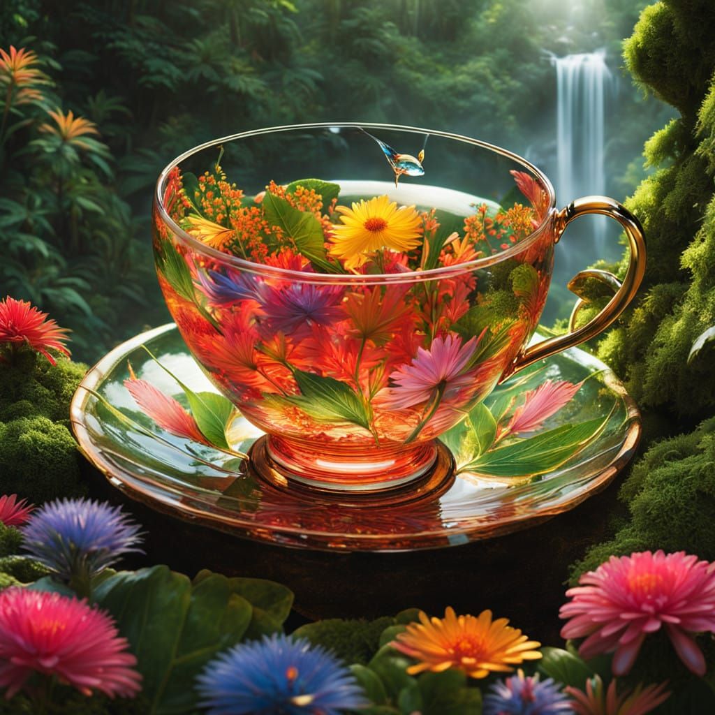 Enchanted world within the delicate confines of a crystal-clear teacup ...