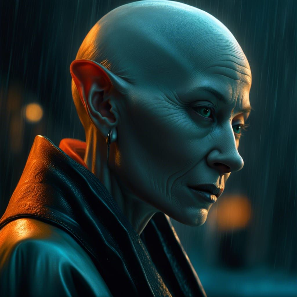 Nosferatu by Enki Bilal and H.R. Giger, face like Tilda Swinton, teal and orange color scheme ...