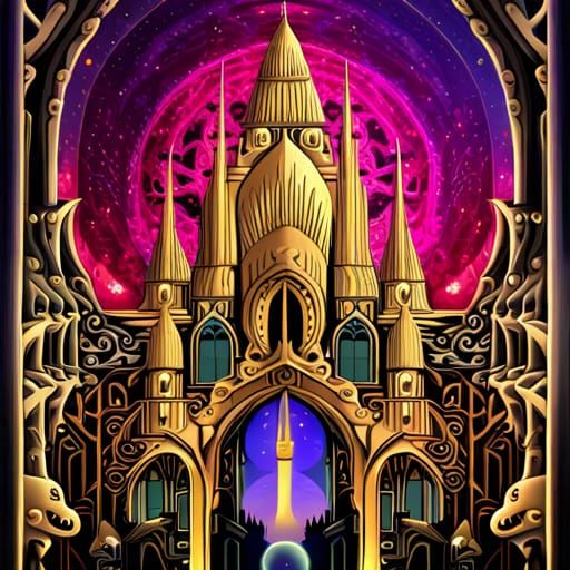 symmetrical. alien castle made of ornate spires and spheres. dark ...