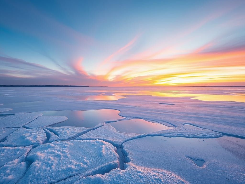 Beautiful sunset over a frozen lake in Northern Finland