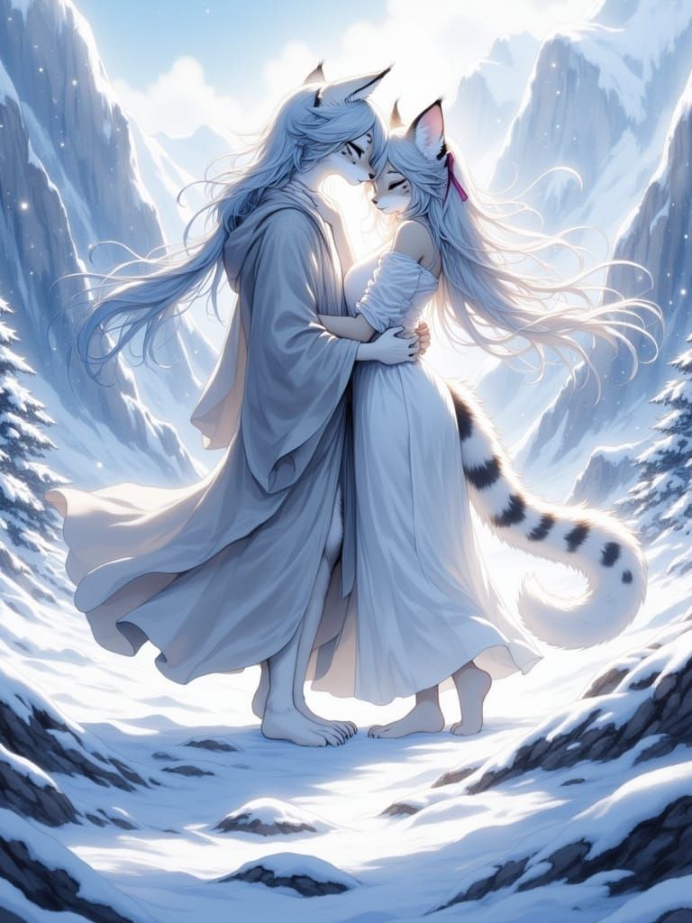 Winter Lovers - Ethereal Snow Leopard Couple in Winter Wonde...