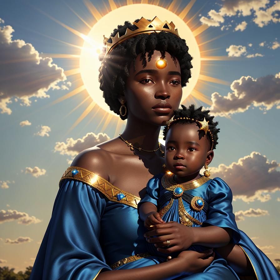 Realistic Beautiful young black goddess eclipses the giant sun behind her head in a cloudless ...