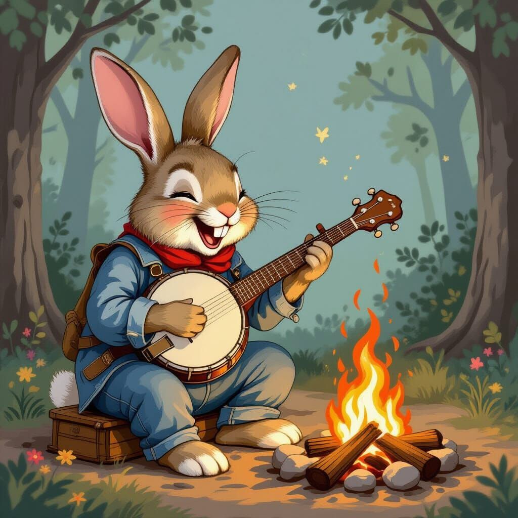 Hobo Bunny Rabbit Plays Banjo by Campfire - AI Art