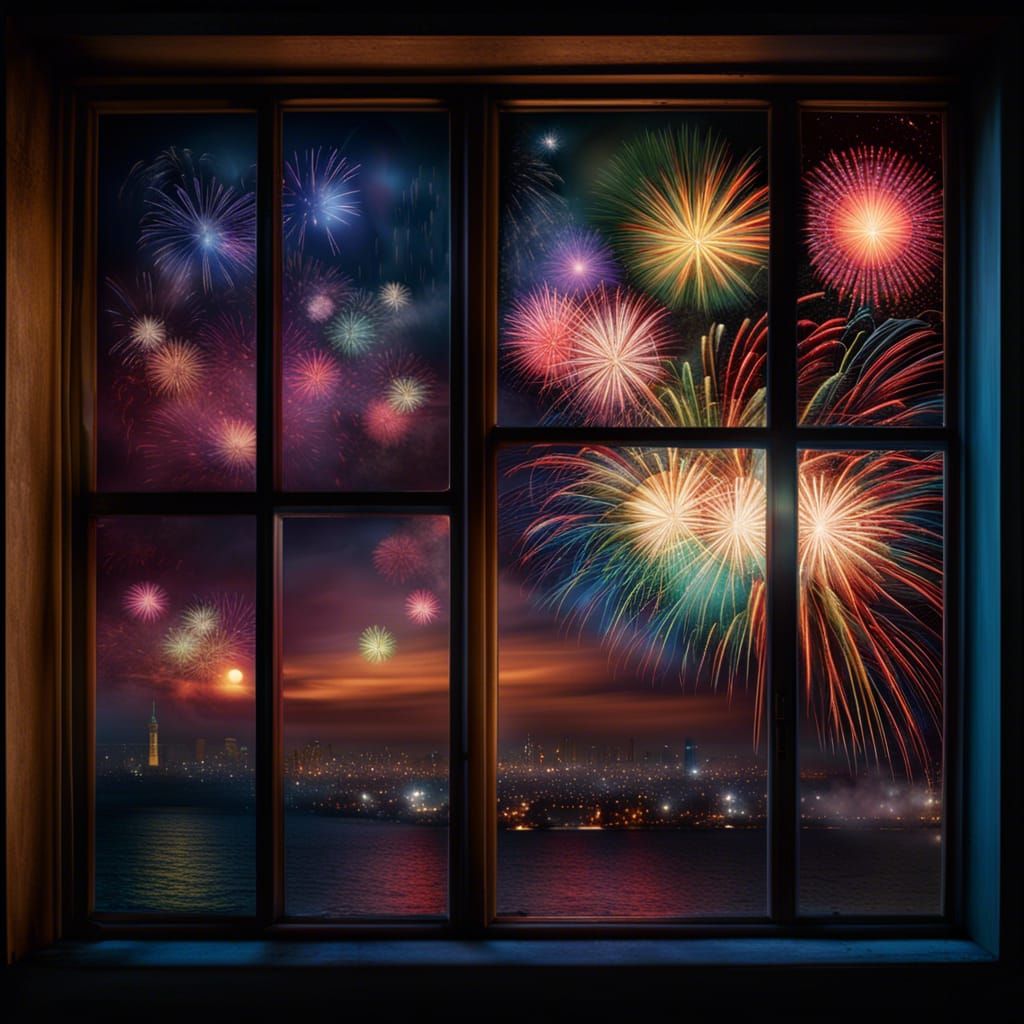 Window Looking out towards Vibrant Firework Explosions Celebrating 100 ...