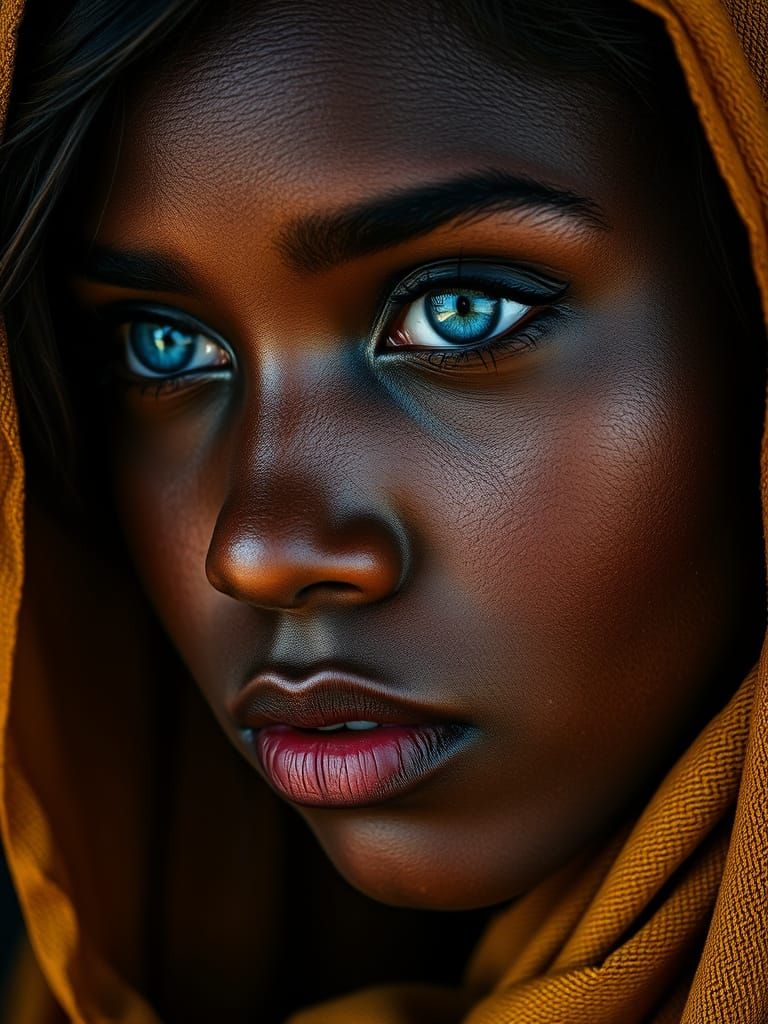 Young, dark-skinned woman, subtle texture rich deep brown skin, blue ...
