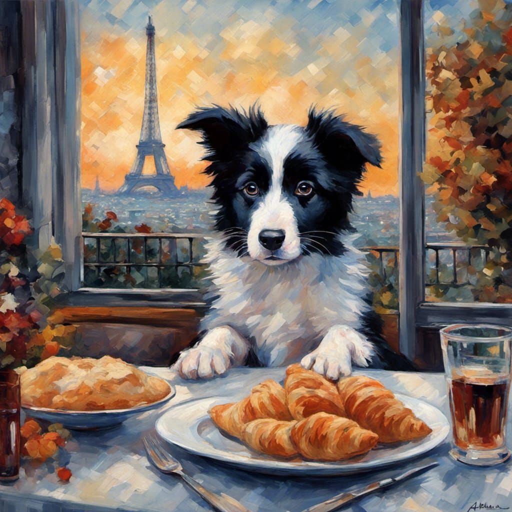 A cute Border Collie puppy enjoying croissants in a French restaurant ...