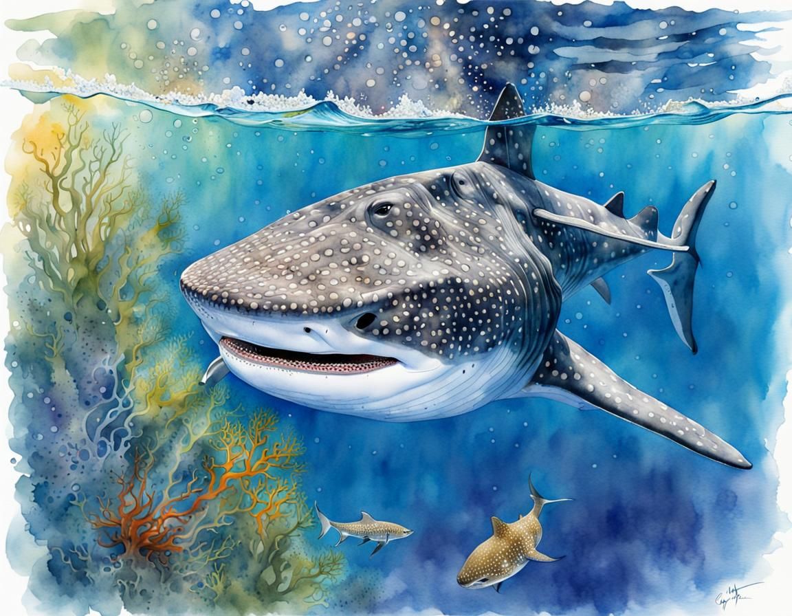 A watercolor painting of a whale shark feeding on plankton, by Guy Harvey - AI Generated Artwork ...