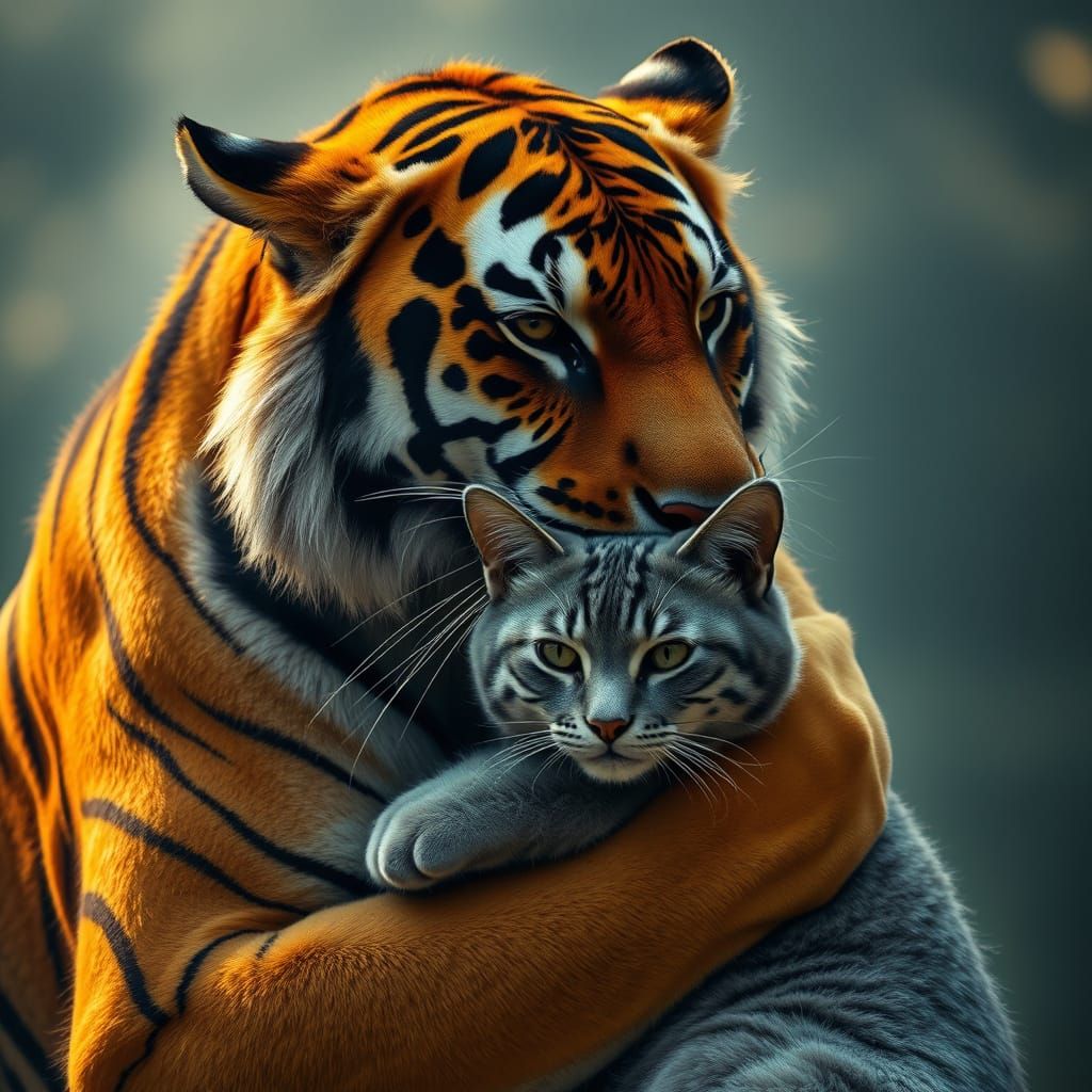 Tiger hugs a cat - Majestic Tiger Embraces Domestic Cat in W...