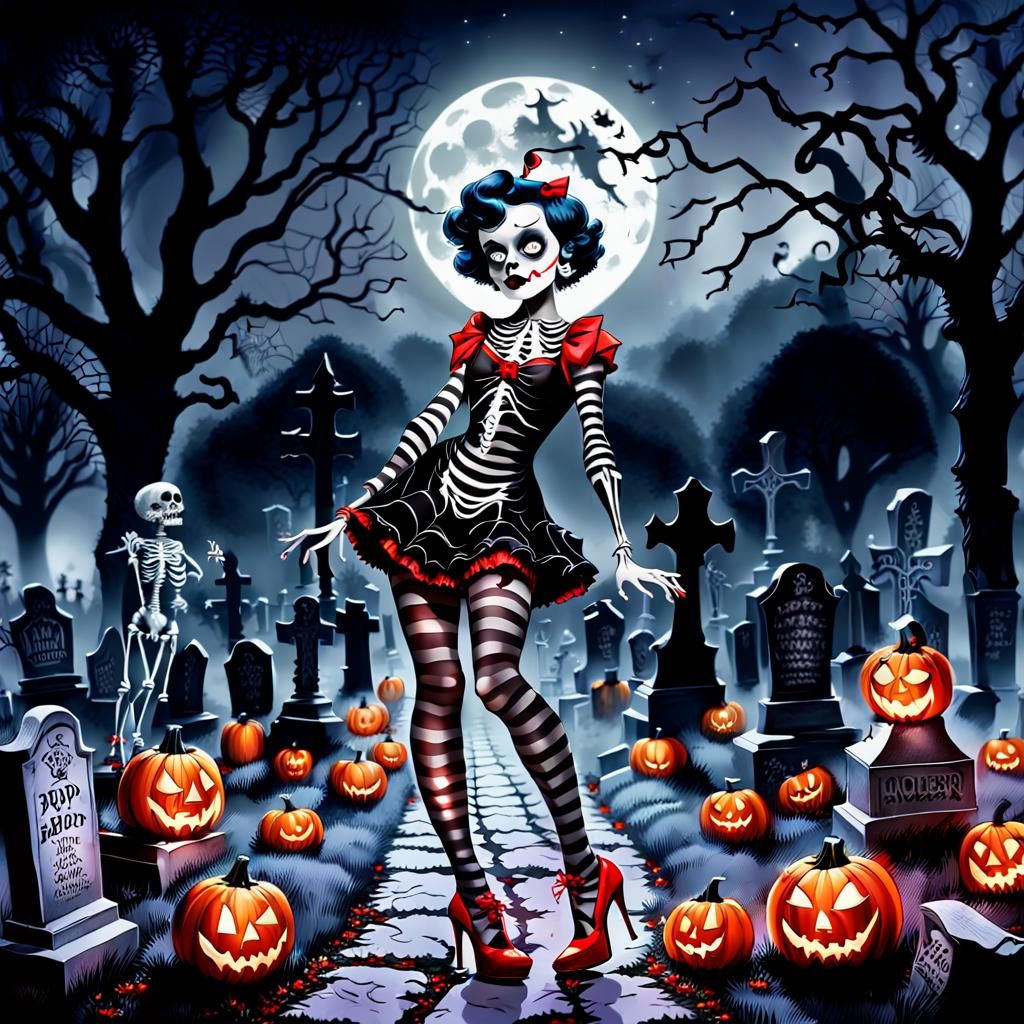 Betty Boop Skeleton In A Spooky Graveyard