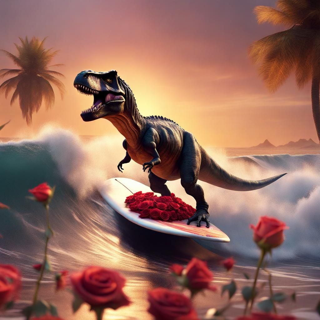a t-rex on a surfboard, surfing on a red sea, holding a buque of roses ...