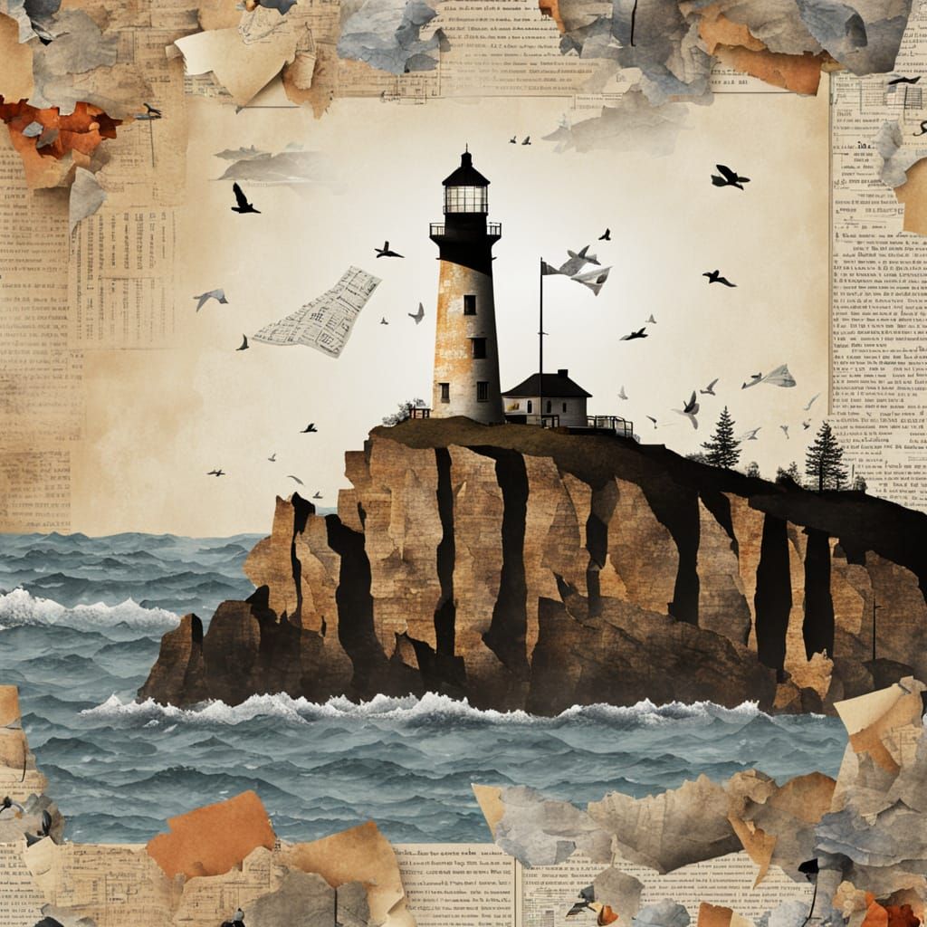 Paper collage - Lighthouse on the cliff