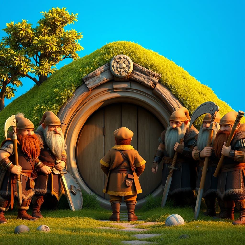 Hobbit Welcomes Dwarves at Cozy Round Door - AI Art