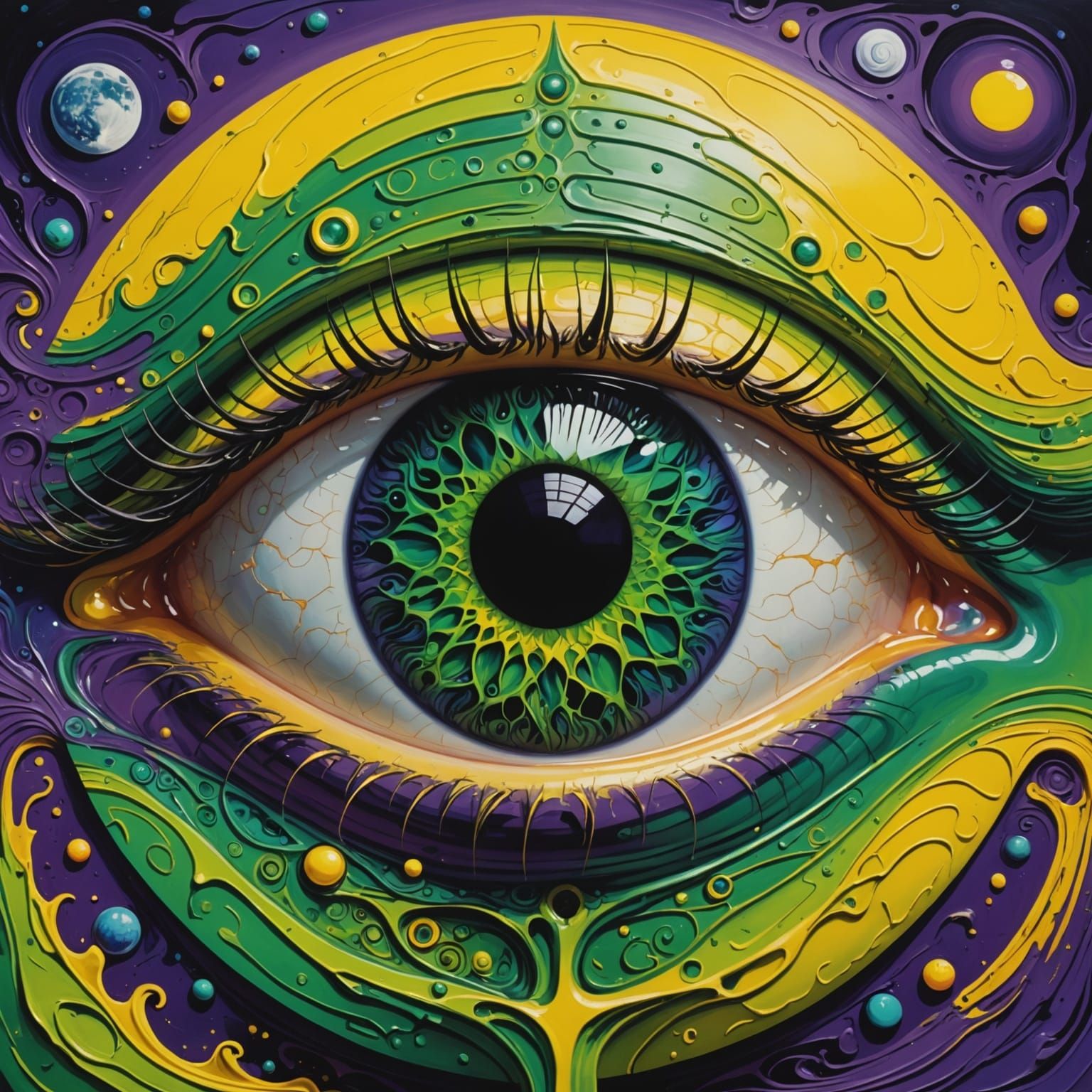 A closeup of a green eye with beautiful detailed retina, surreal bright ...