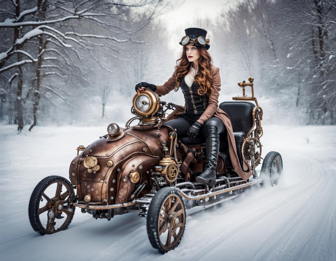 steampunk woman in a snow mobile in a beautiful snowy scene steampunk ...