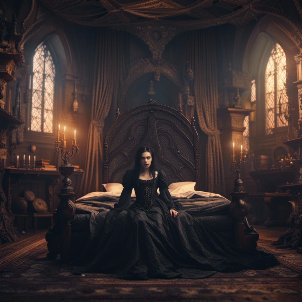 Very cute goth woman in a bed inside a medieval room, she looks ...