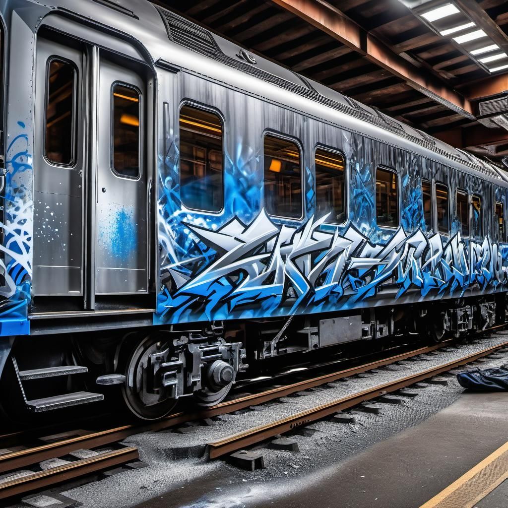 Graffiti artists spray painting a train intricately detailed blue+white ...