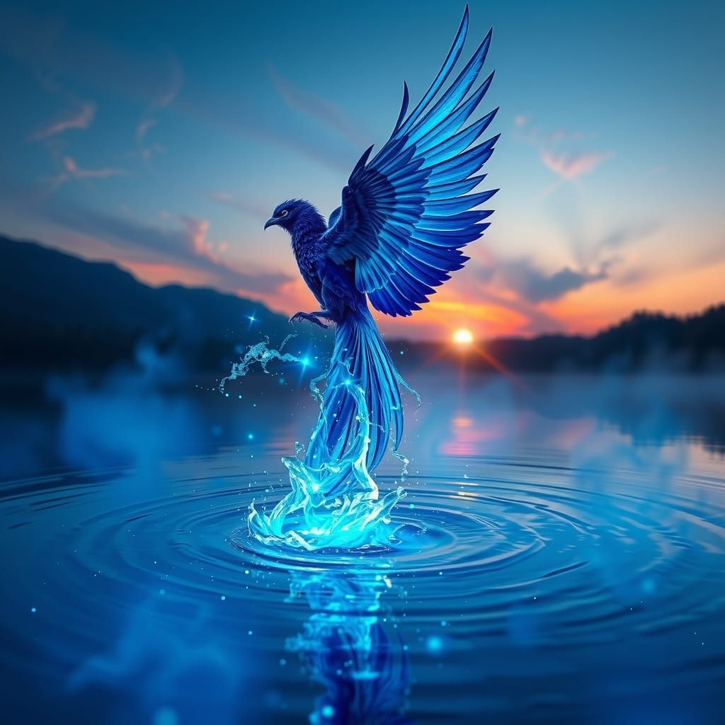 Water Phoenix Rising - Majestic Blue Phoenix Ascends from Sa...