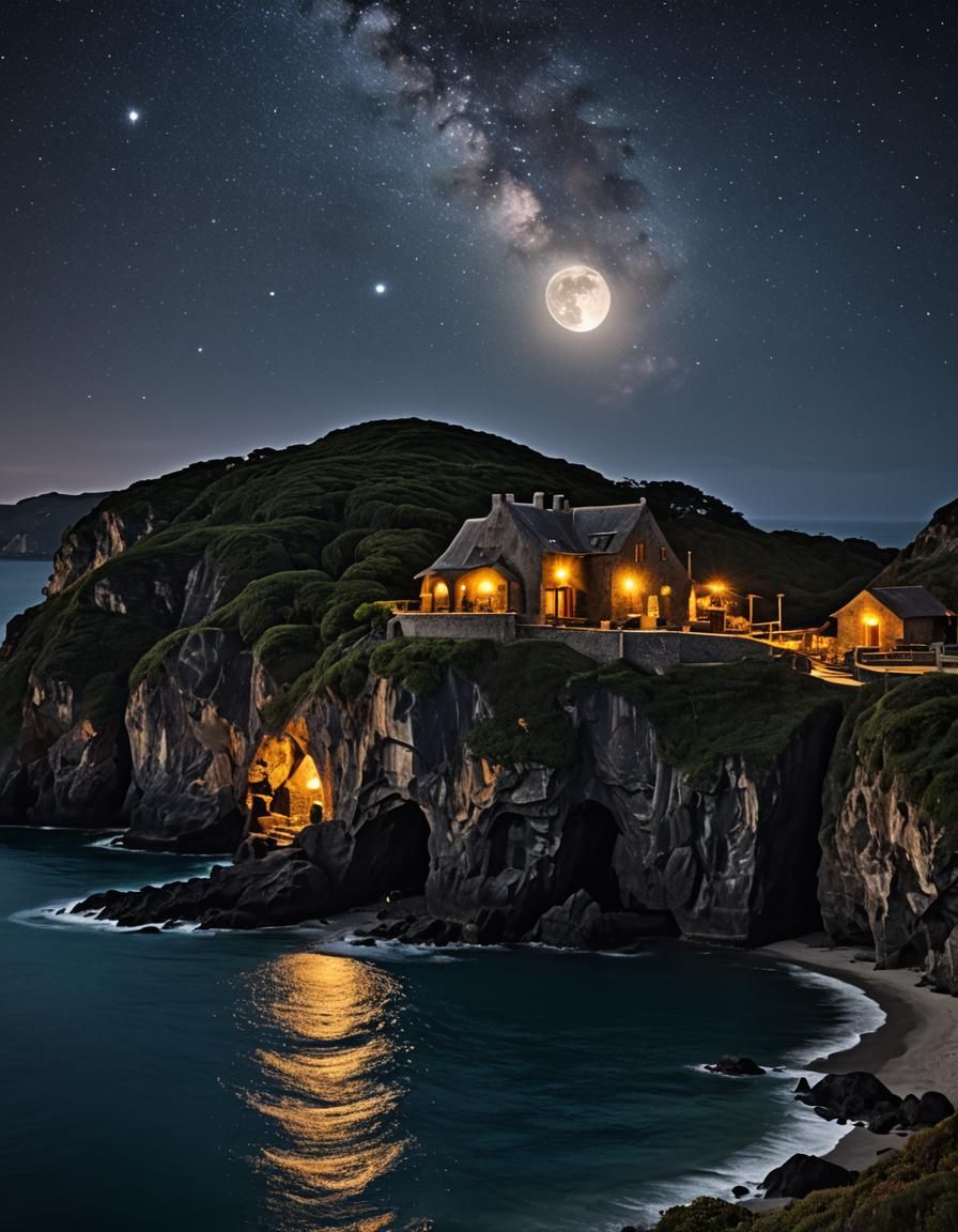 travel photo, starry night, luminous moon, a cave house on the ocean, rich dark jewel tones ...