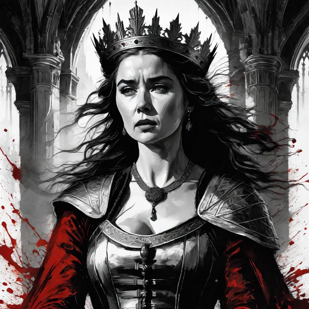 beautiful monochrome painting of a medieval Scottish queen with bloody ...