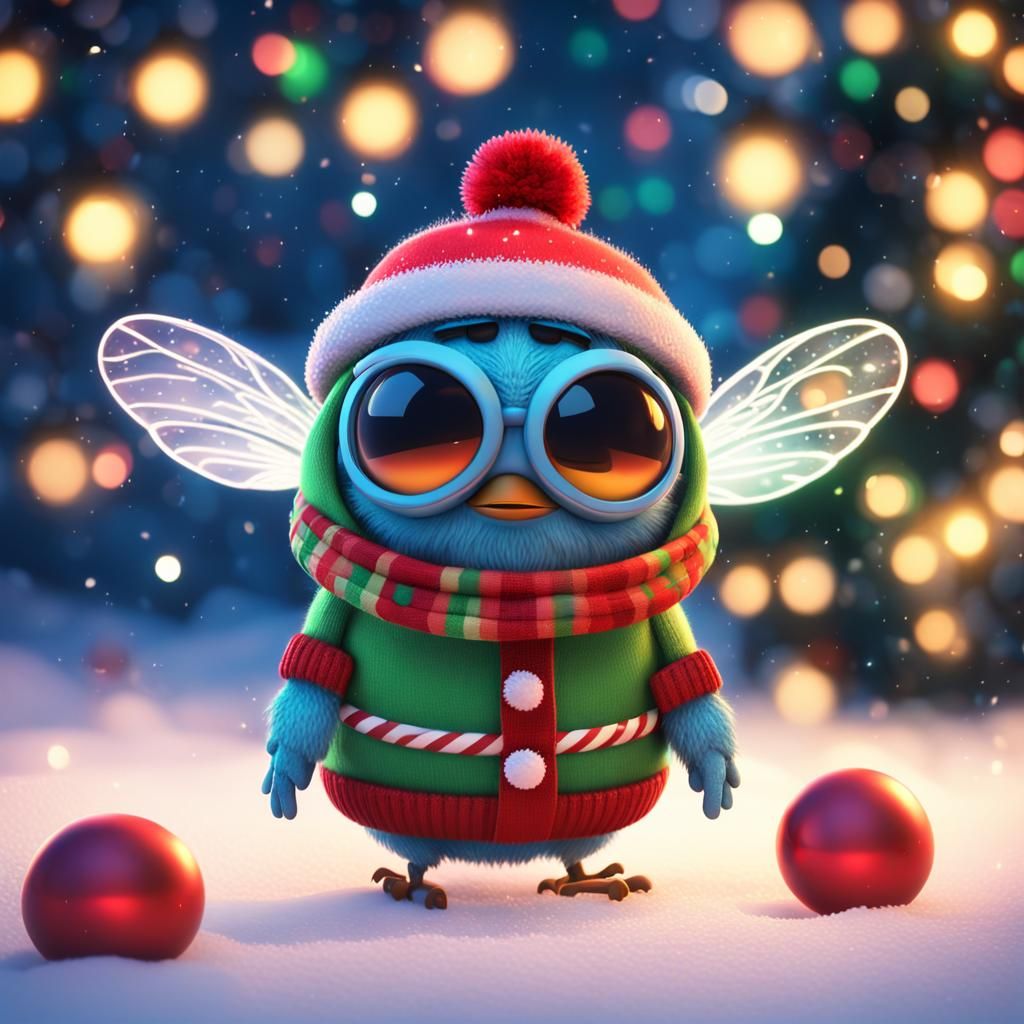 a cute Christmas fly with a beanie on, holding cup of coffee, Christmas ...