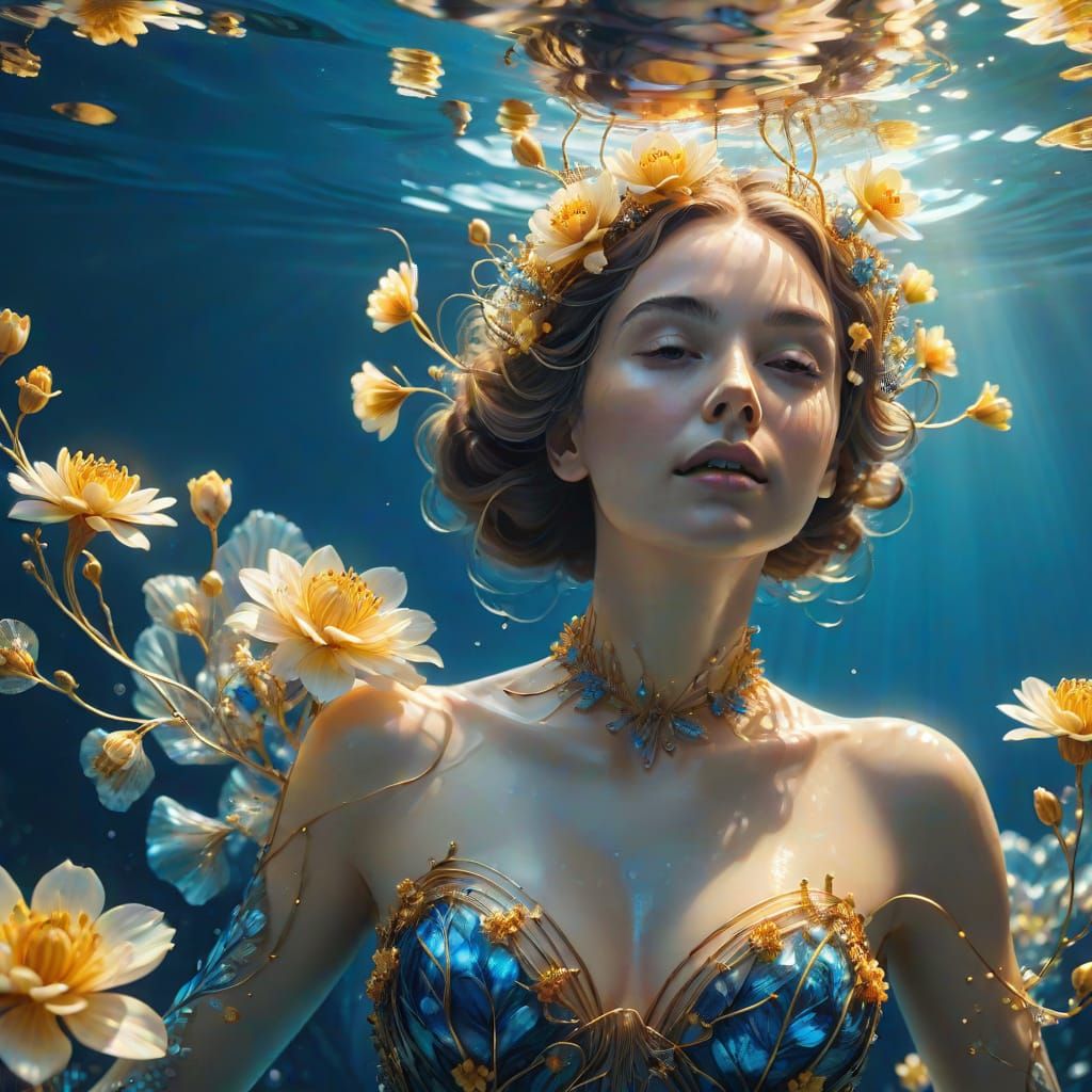 Underwater Flower Bloom with Swimming Woman: Surre... - AI Art