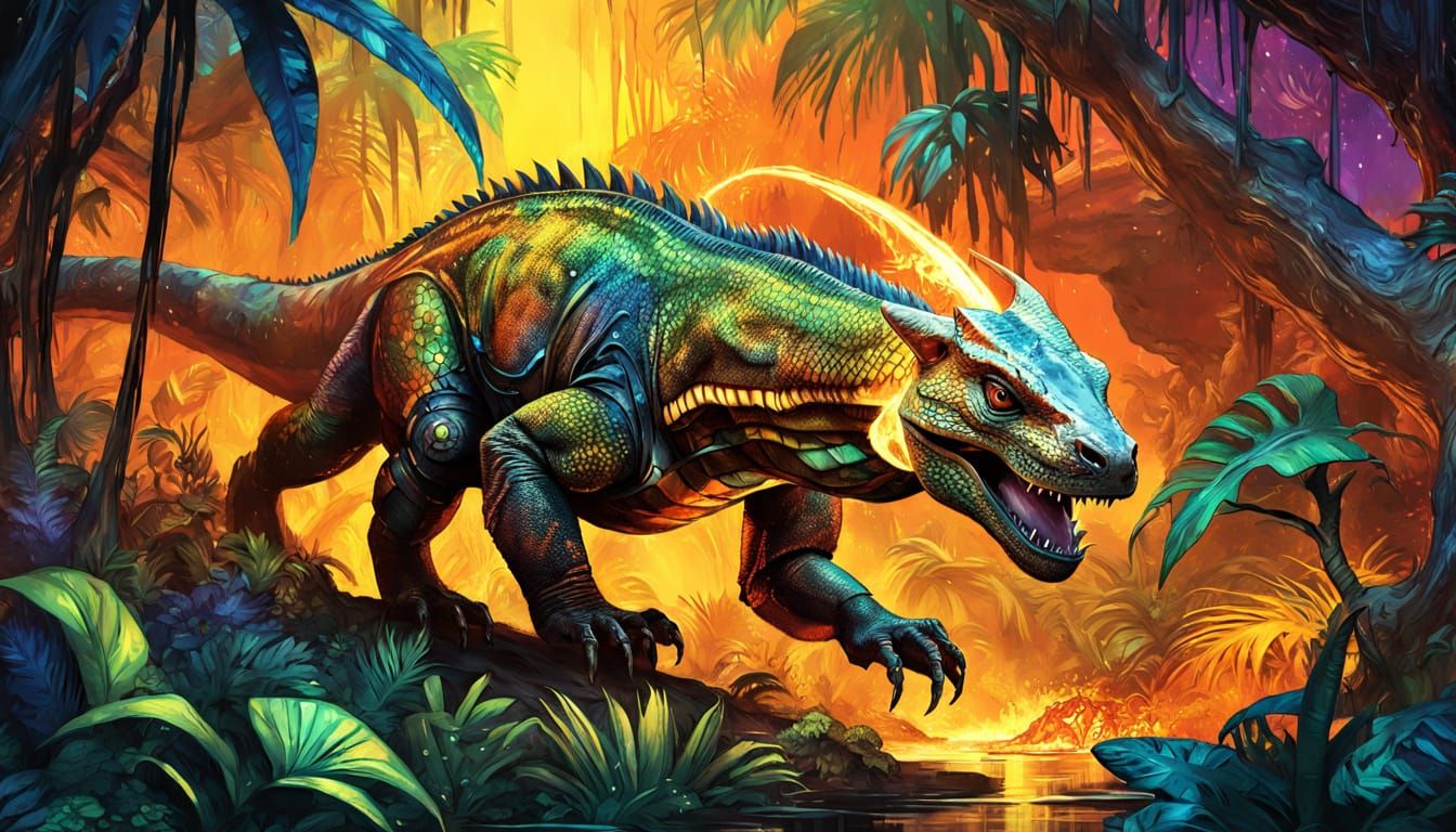 Armored Feline Alien Rides Dragon in Sci-Fi Jungle - AI Art