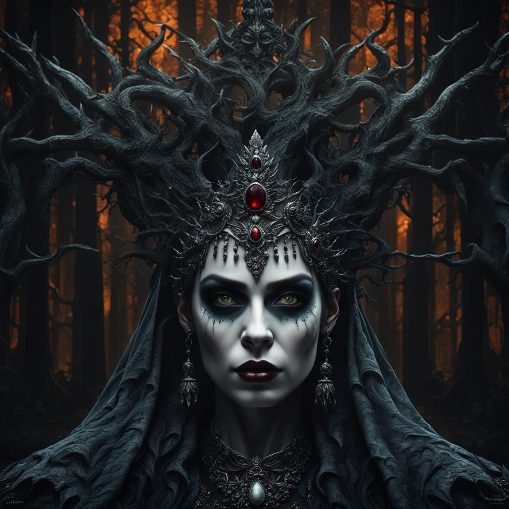 Photorealistic portrait of a majestic evil female gothic hybrid queen ...