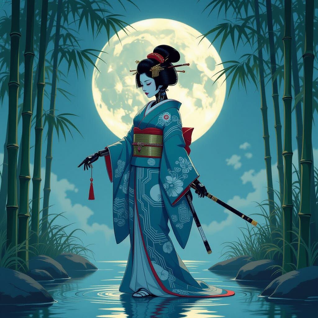 cyborg geisha under a full moon - Cyborg Geisha in Moonlit G...