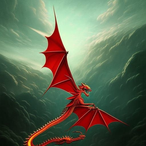 Tremendous red, green, yellow flying Dragon that shoots fire from its ...