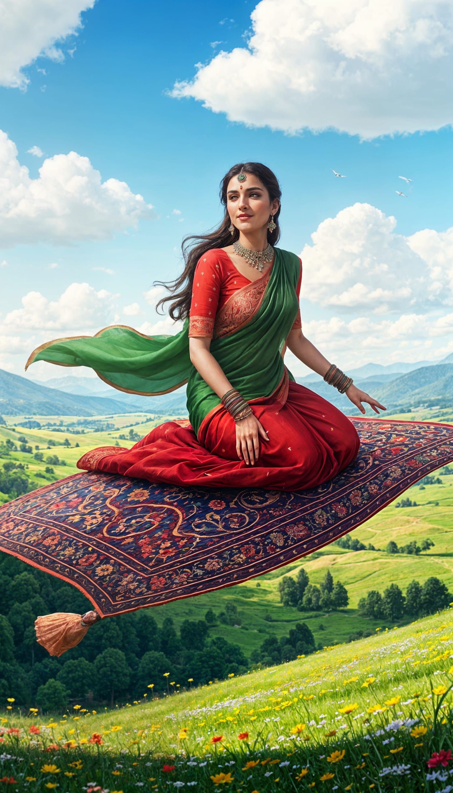 Beautiful lady in red saree, riding a flying carpet above the fairy ...