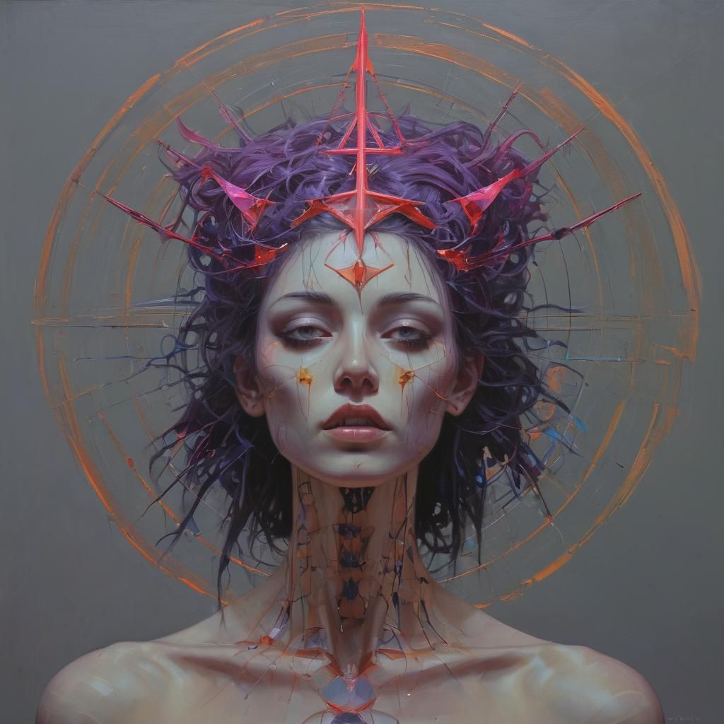 dark, surreal, neon, gothic, emo, an evil deity, reflective, jagged ...