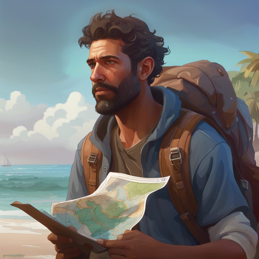 Front view of a Geographer with backpack, male, venezuelan observing ...