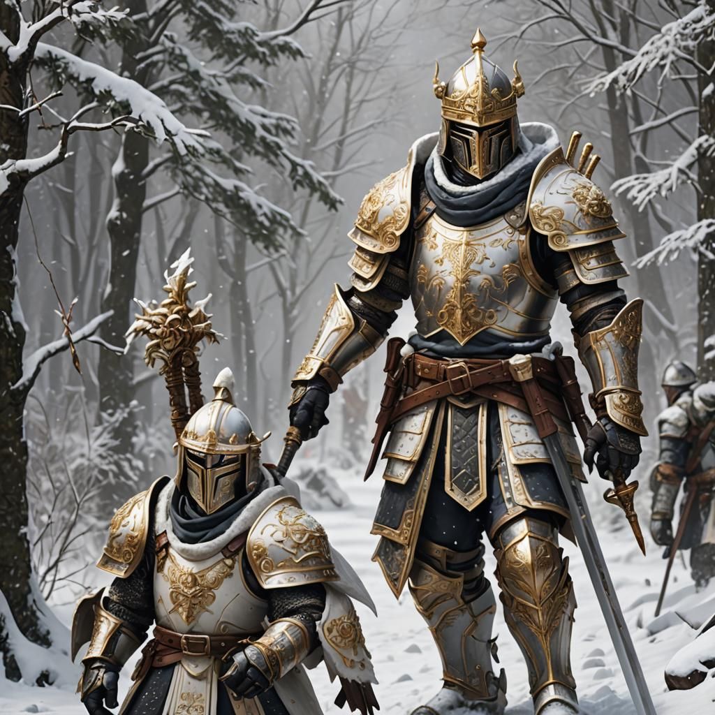 A fantastically detailed armor for a snowy winter campaign, with gold ...