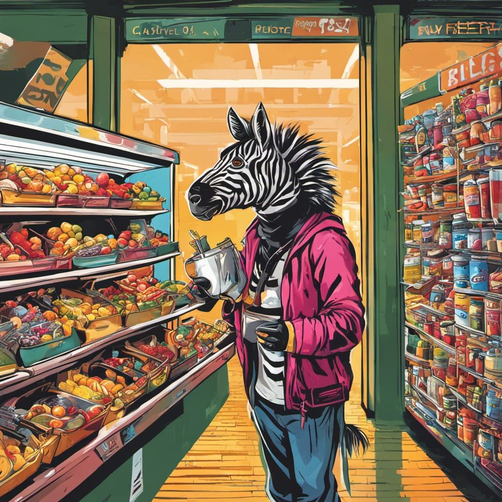Anthropomorphized zebra shopping in a supermarket, - AI Generated ...
