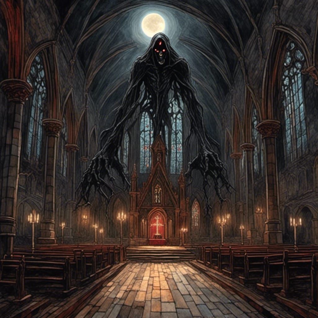 A hyperrealistic illustration of a ghost-like creature with pitch-black ...